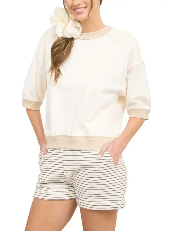 J.O.A. Cotton Blend Knit Top With Contrasting Trim - Cream