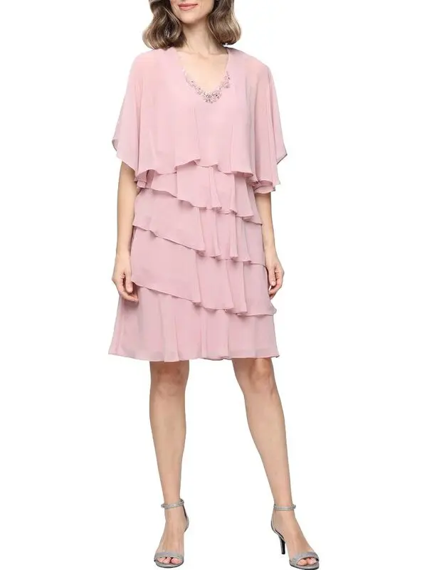 SL FASHIONS Tiered Ruffle Chiffon Dress With Jacket - Faded Rose