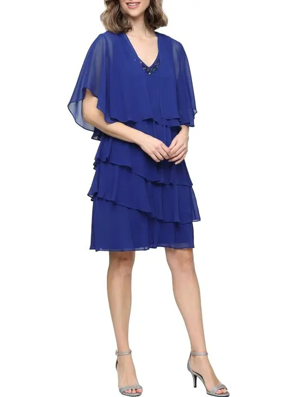 SL FASHIONS Tiered Ruffle Chiffon Dress With Jacket - Iris