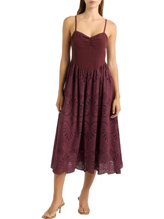 Moon River Eyelet Scallop Sleeveless Midi Dress - Wine