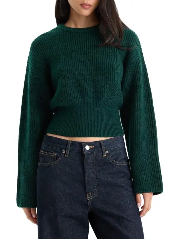 Good American Chunky Knit Crewneck Cropped Sweater - Forest Green