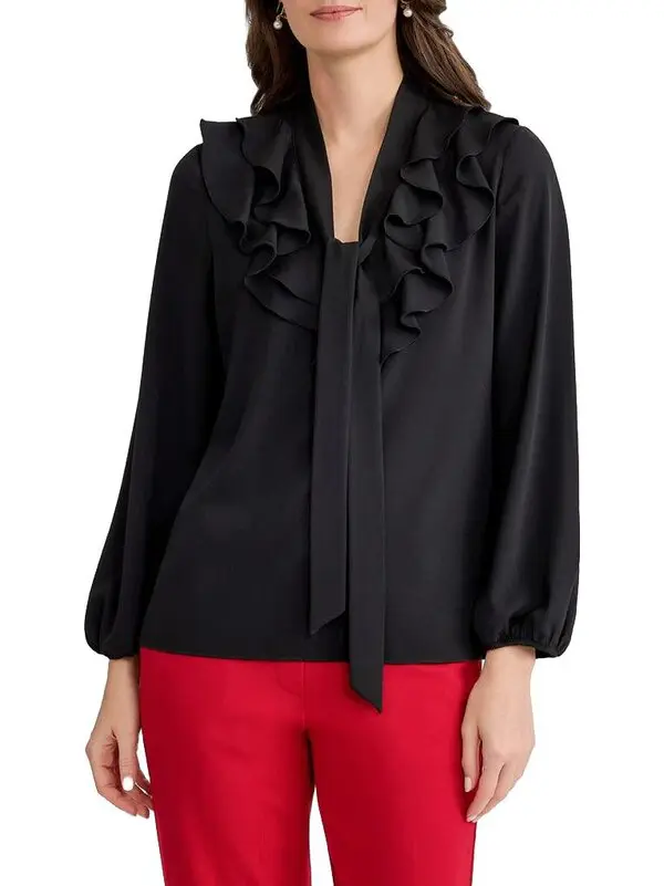 KASPER Ruffle Tie Neck Blouse - Black