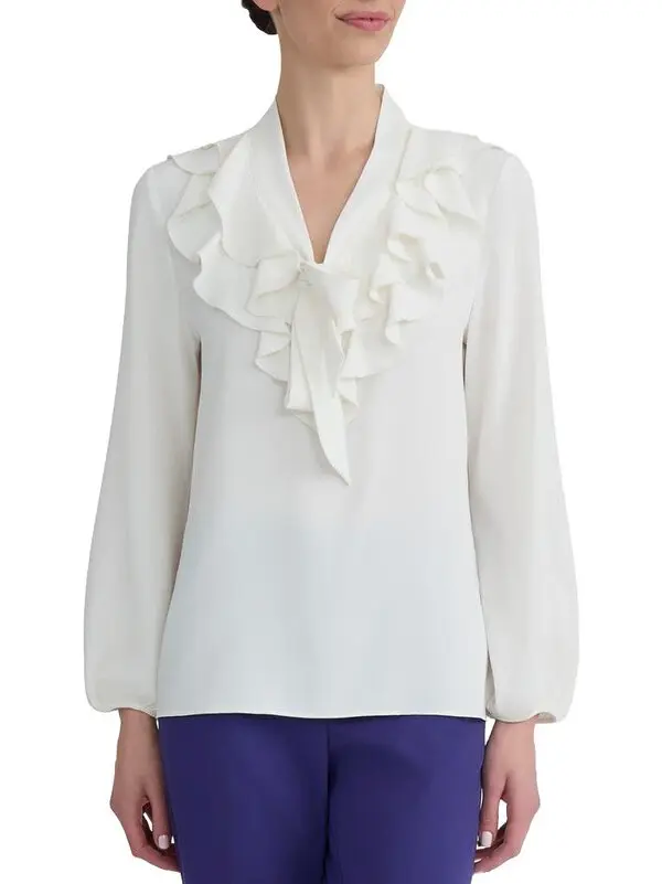 KASPER Ruffle Tie Neck Top - Vanilla Ice