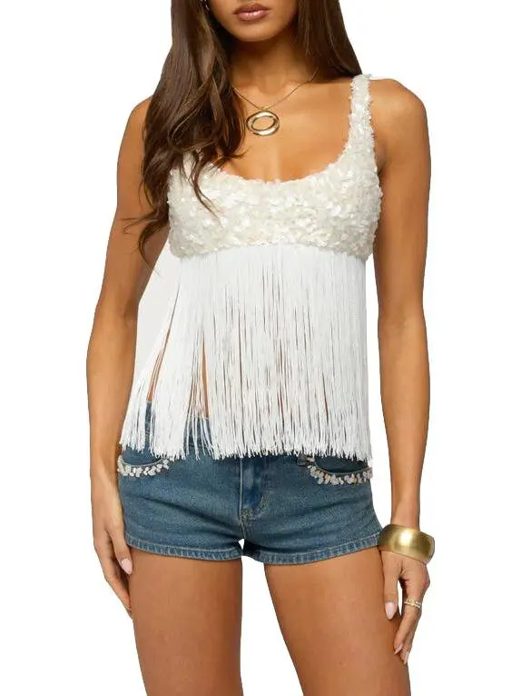 EDIKTED Sequin And Fringe Embellished Cropped Bra Top - Cream