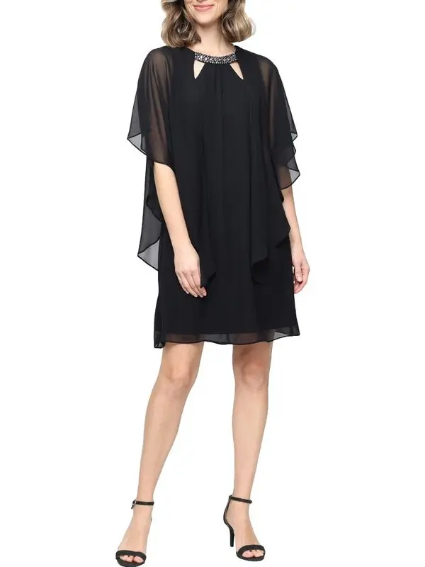 SL FASHIONS Jewel Chiffon Overlay Shift Dress - Black