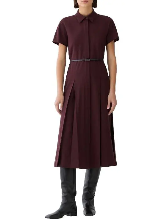 Lafayette 148 New York A-line Pleated Wool Blend Shirt Dress With Leather Belt - Beet Melange