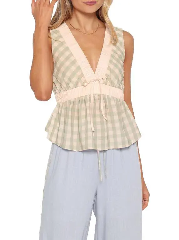 PETAL & PUP Solace Peplum Top With Deep V-neck And Front Tie - Green/pink Gingham