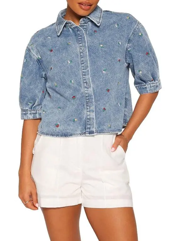 PETAL & PUP Nerys Embroidered Button-up Denim Shirt - Medium Wash