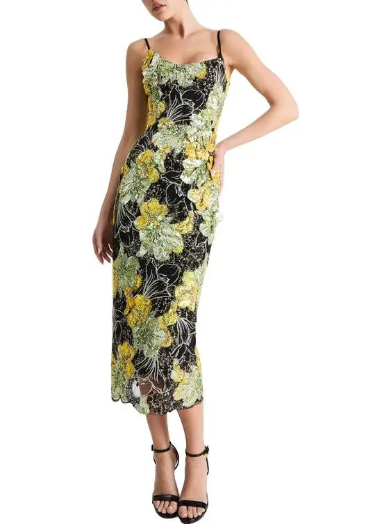 HELSI Emilia Sequin Sleeveless Midi Dress - Black/chartreuse
