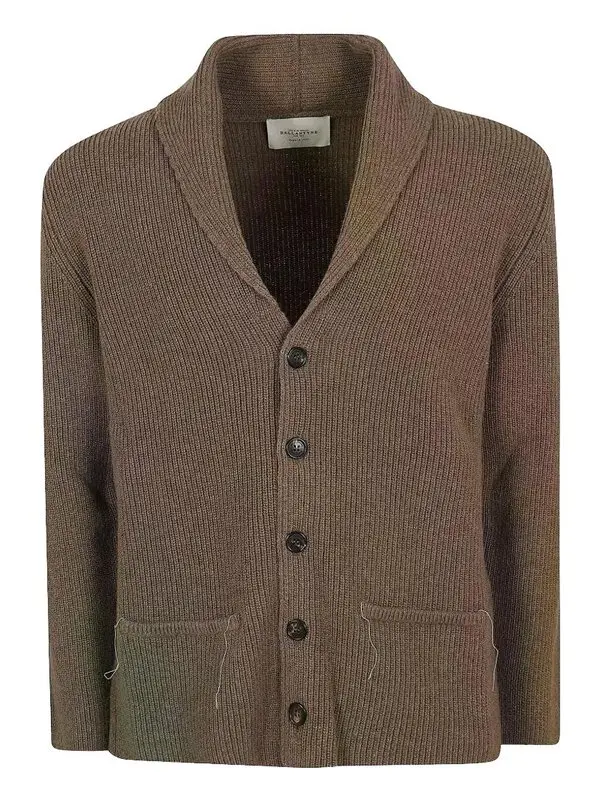 BALLANTYNE Wool Ribbed Knit Shawl Collar Cardigan - Brown