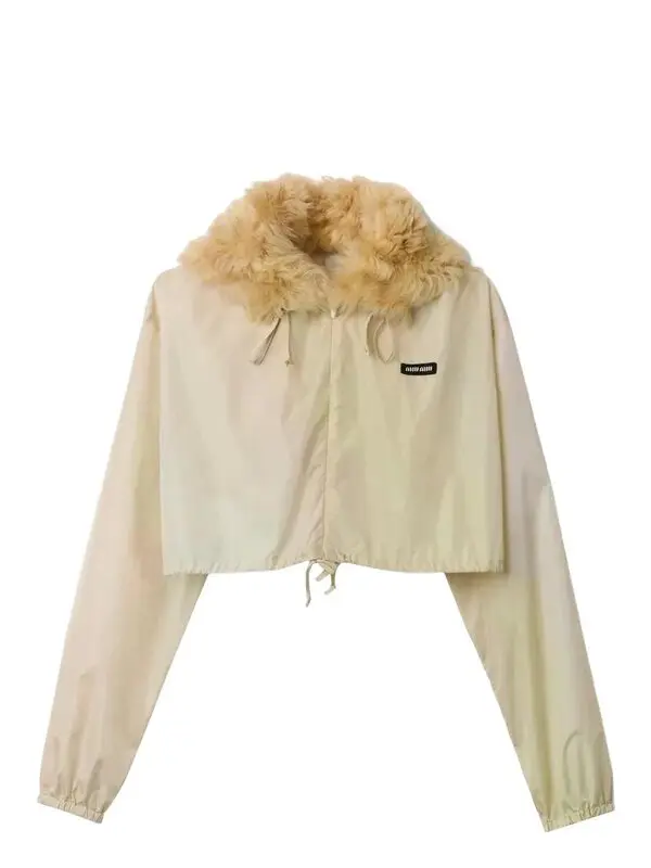 Miu Miu Technical Fabric And Shearling Hooded Cropped Windbreaker - Neutrals
