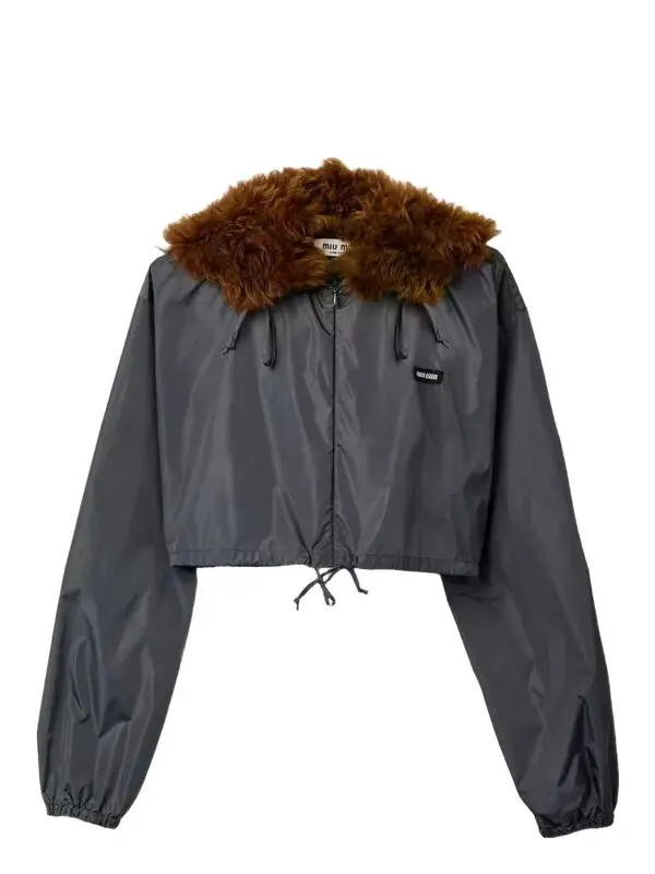 Miu Miu Technical Fabric And Shearling Hooded Cropped Windbreaker - Grey