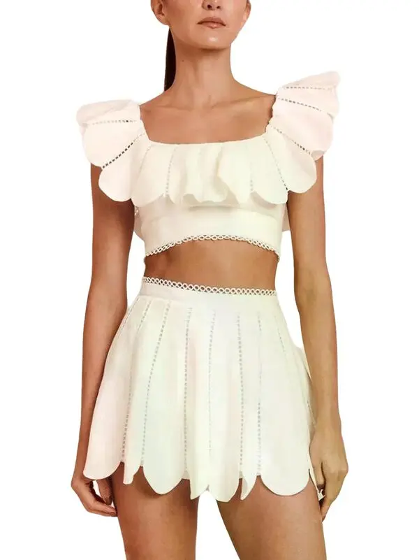 Azulu Nela Ruffled Cropped Top - White