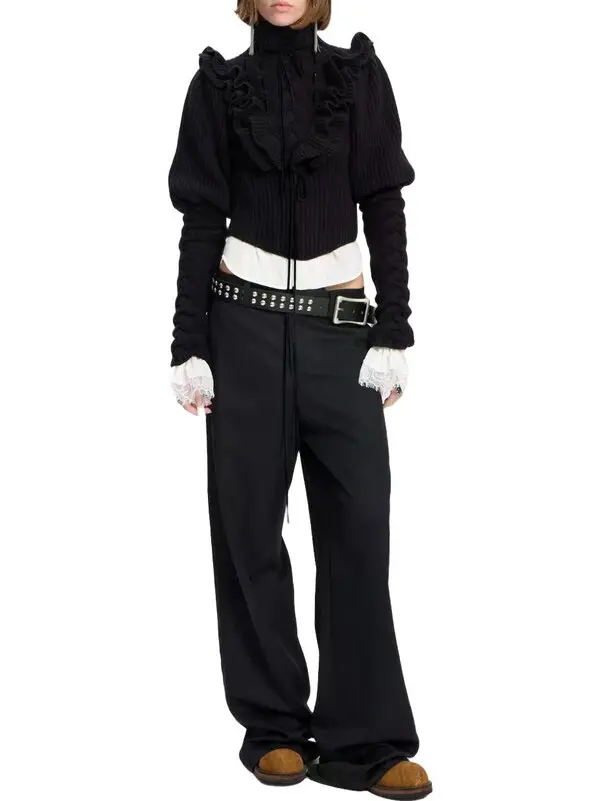 ANN DEMEULEMEESTER Ruffled Detail Cable Knit Sweater - Black