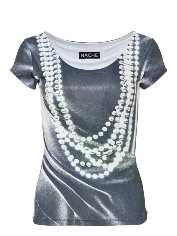 NACHE Pearl-print Scoop-neck T-shirt - Grey