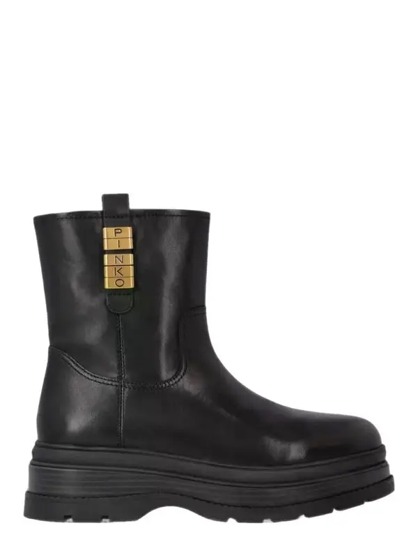 Pinko Leather Ankle Boots With Gold-tone Logo Plaque - Black