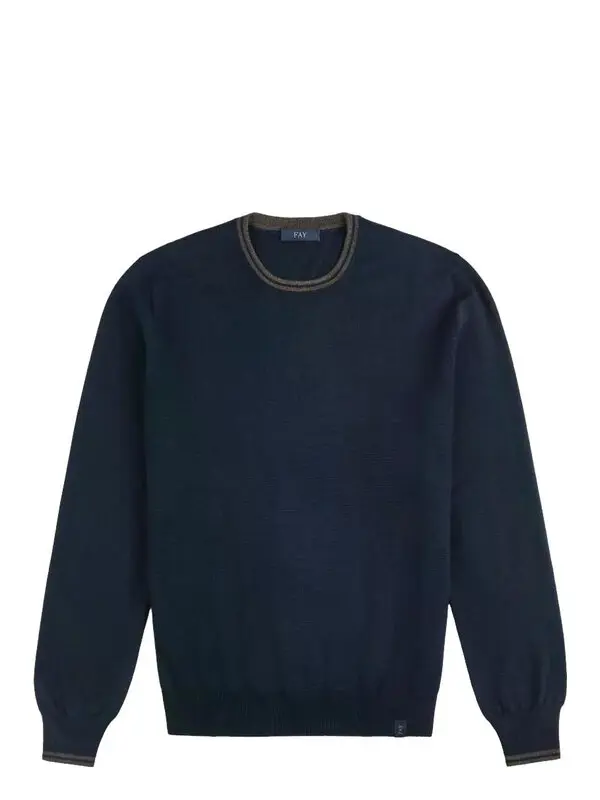 FAY Crew Neck Sweater With Ribbed Trim And Elbow Patches - Blue