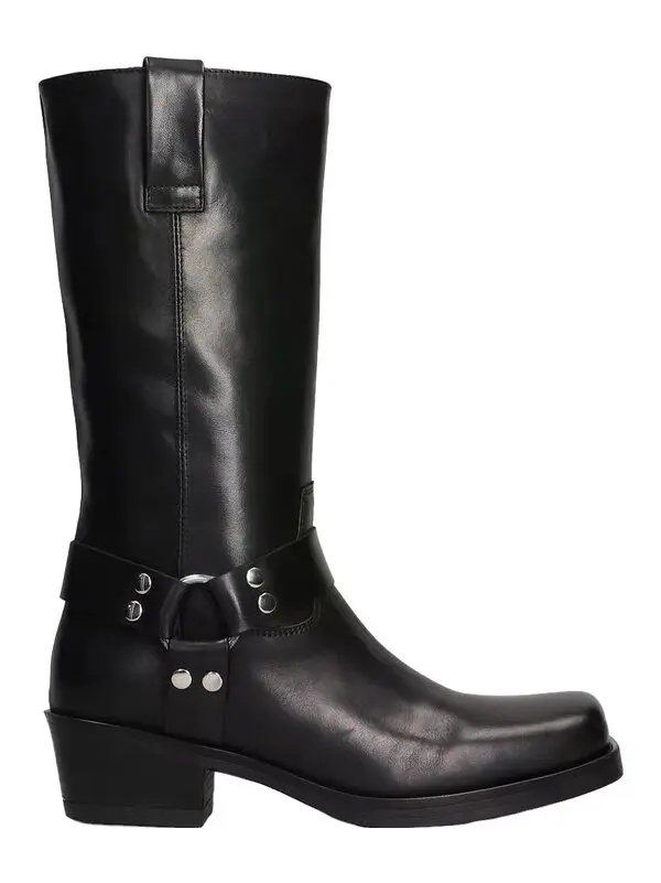 JULIE DEE Leather Harness Square-toe Biker Boots - Black