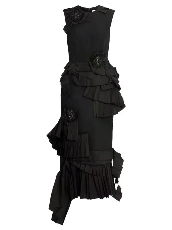 Erdem Embroidered Ruffled Dress - Black
