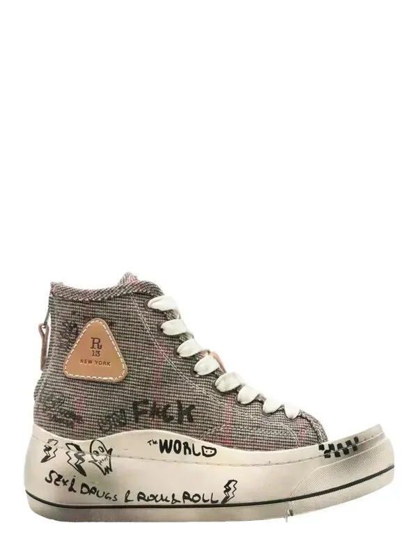 R13 Graffiti Print Plaid High Top Platform Sneakers - Brown