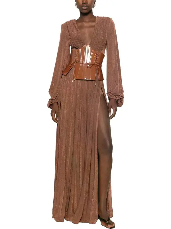 Elisabetta Franchi Pleated Lace-up Maxi Dress - Brown