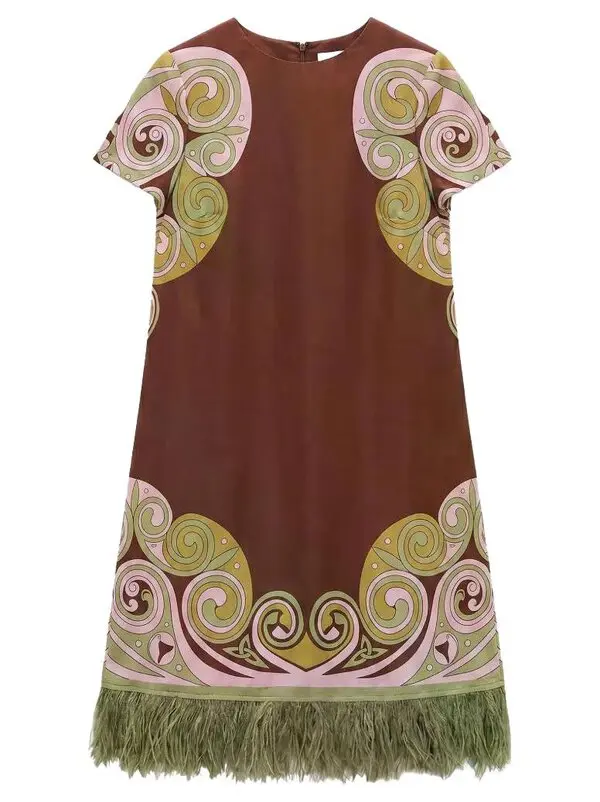 La DoubleJ Mini Swing Dress With Kells Swirl Print And Feathered Hem - Brown