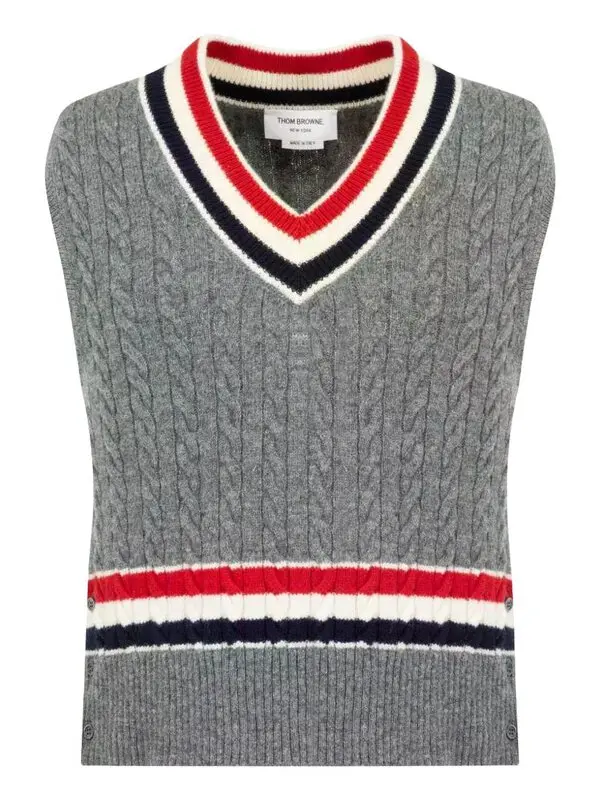 Thom Browne Cable-knit Wool Vest With Rwb Stripe Trim - Grey