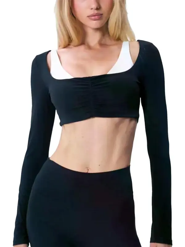 GOD SAVE QUEENS Ruched Square Neck Cropped Long Sleeve Top - Black