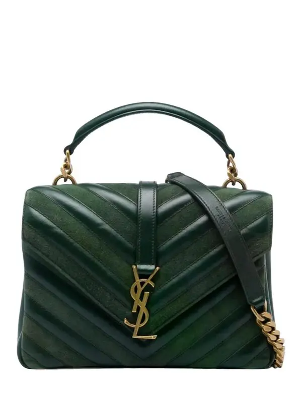 Saint Laurent Medium Chevron Calfskin And Suede Monogram College Satchel - Green