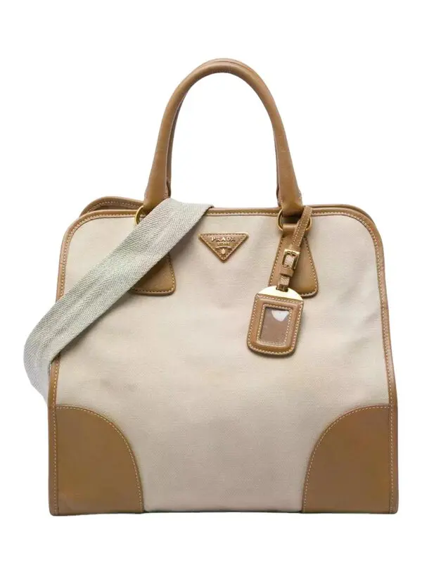 Prada 2010-2026 Saffiano Trimmed Canvas Canapa Satchel - Brown