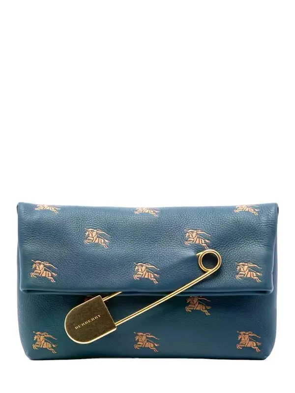 Burberry Equestrian Knight Embroidered Leather Foldover Clutch Bag - Blue