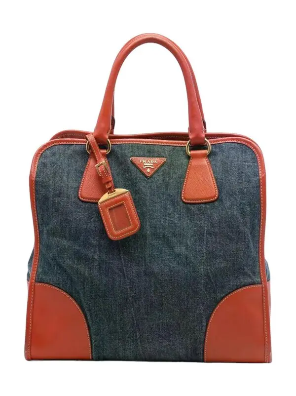 Prada 2000-2013 Saffiano Trimmed Denim Open Convertible Tote Satchel - Brown