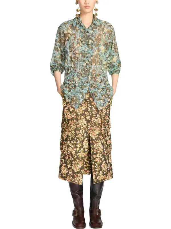 Dries Van Noten Pleated Floral Print Chiffon Shirt - Blue