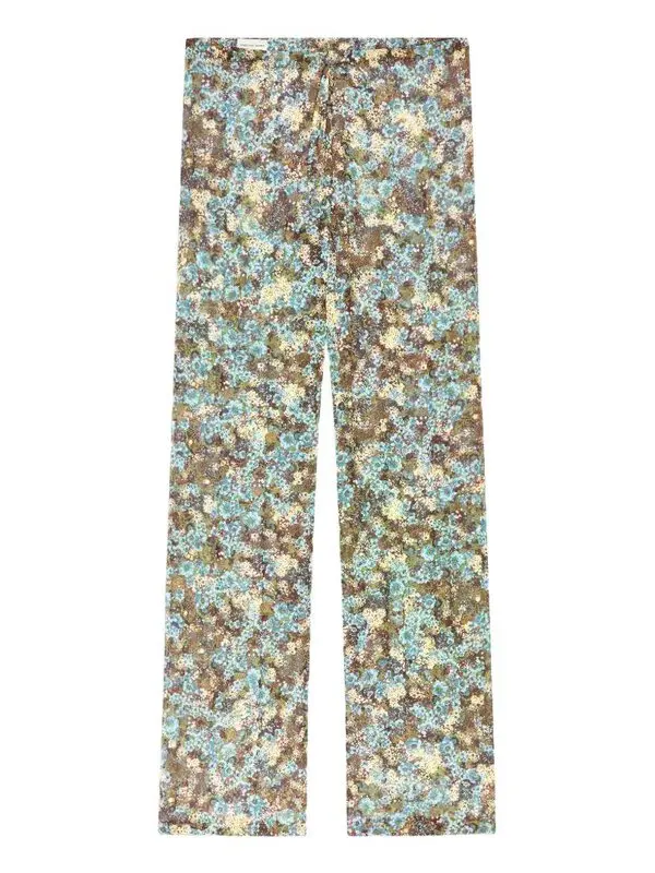 Dries Van Noten Elasticated Pleated Floral Print Chiffon Trousers - Blue