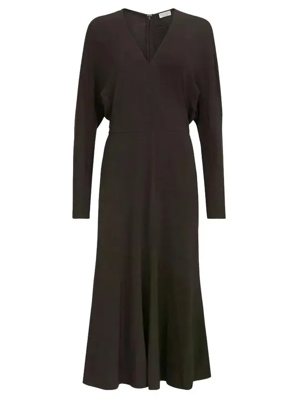 Brunello Cucinelli Techno Wool Jersey Dress With Monili Embellishment - Brown