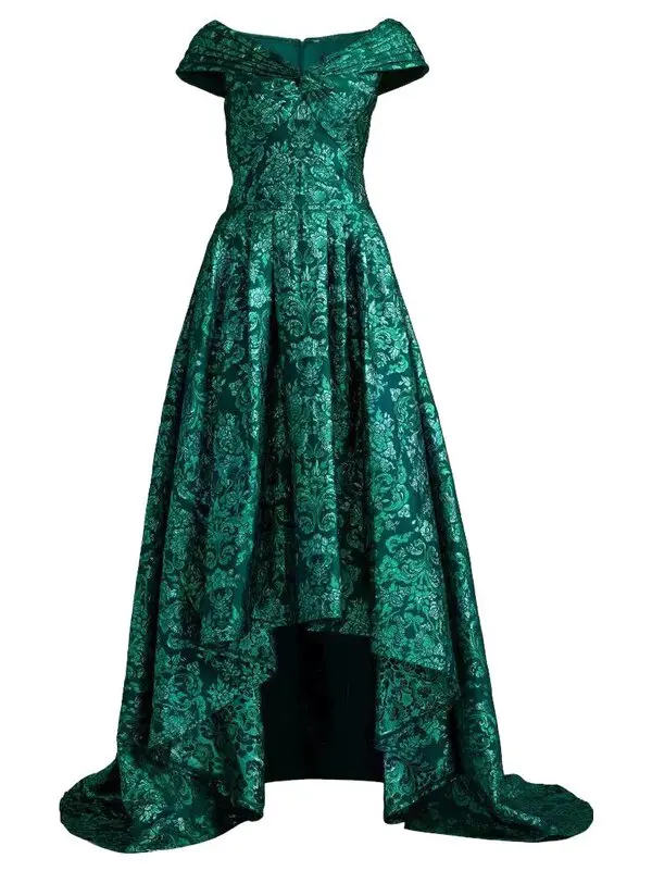 Tadashi Shoji Leontine Damask-pattern Asymmetric Gown - Green