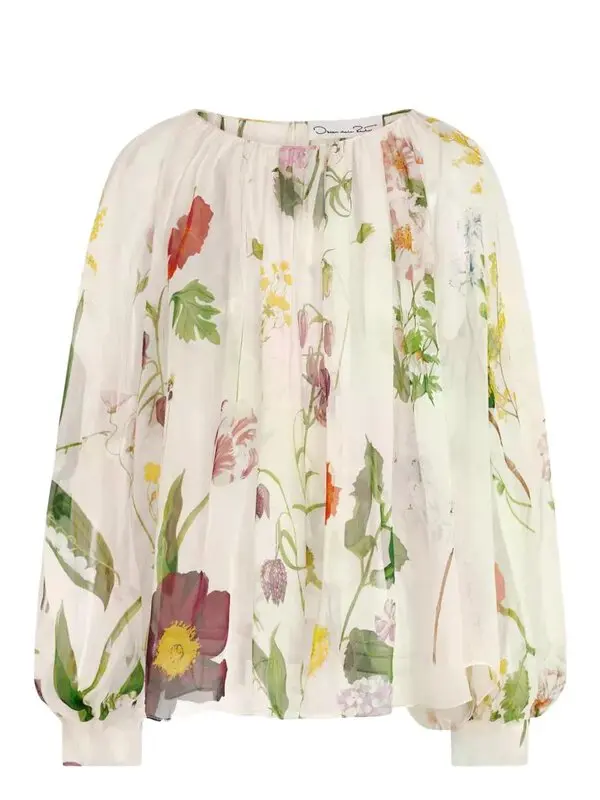 Oscar De La Renta Botanical Print Silk-chiffon Blouse - Neutrals