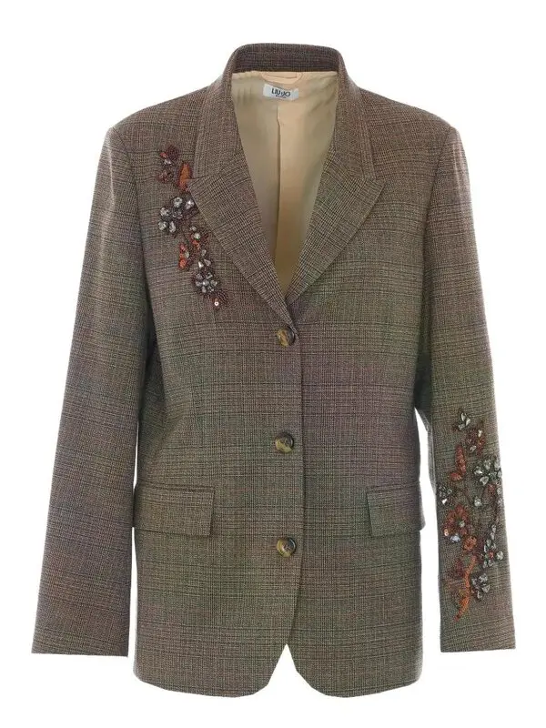 Liu Jo Prince Of Wales Check Blazer With Crystal Embellishments - Brown