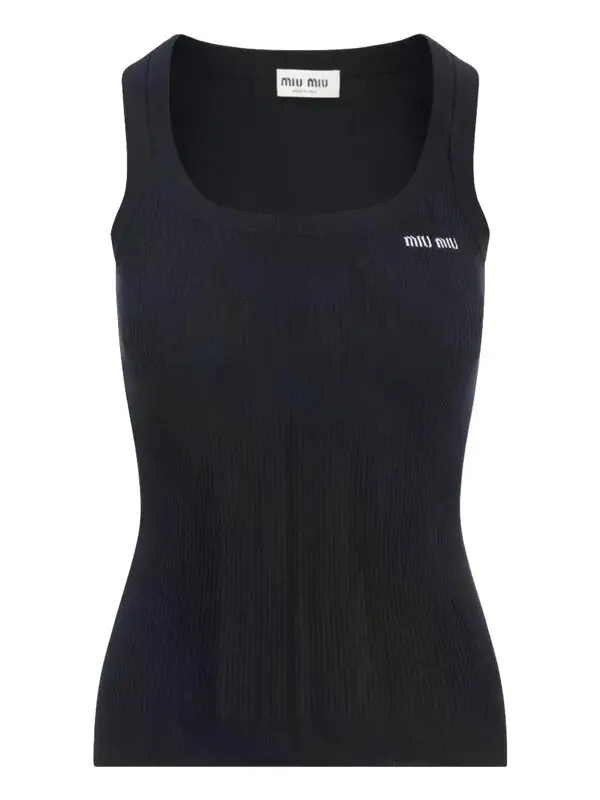 Miu Miu Ribbed Knit Logo Top - Blue