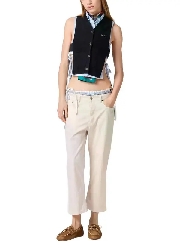 Miu Miu Logo Embroidered Cotton Trousers - Neutrals