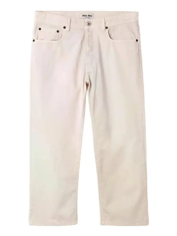 Miu Miu Logo Embroidered Cotton Trousers - Neutrals