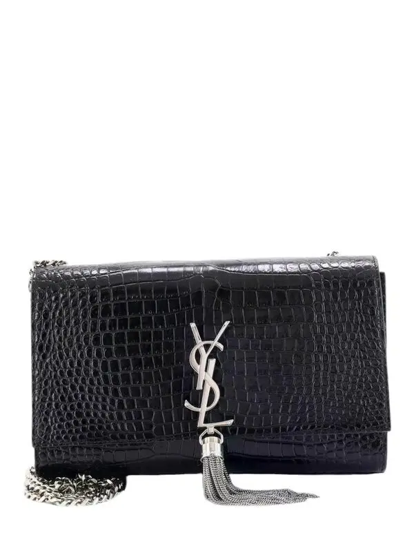 Saint Laurent Classic Monogram Tassel Crocodile Embossed Leather Medium Crossbody Bag - Black