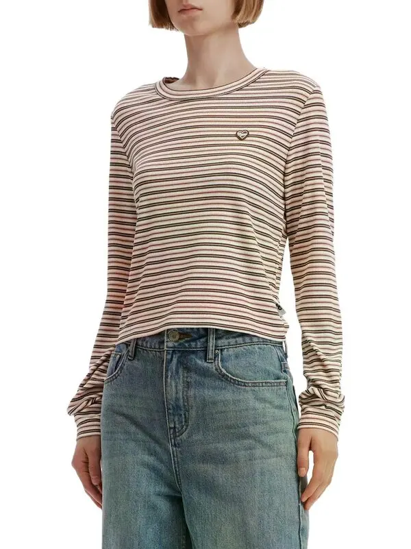 CHOCOOLATE Striped Heart-patch Long-sleeve T-shirt - Brown