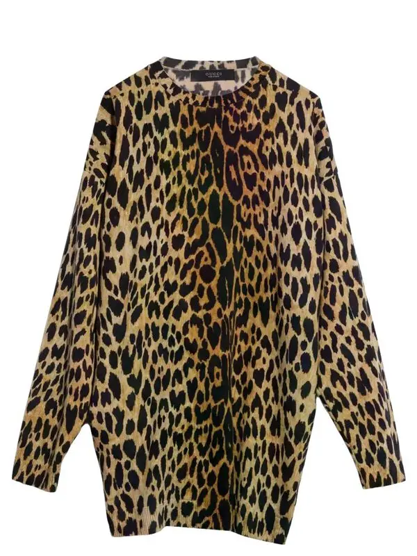 Gucci Leopard Print Knit Cashmere Dress - Brown