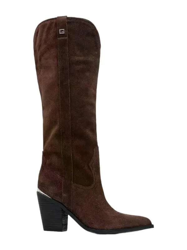 Guess Sashan Suede Western Boots With Block Heel - Brown
