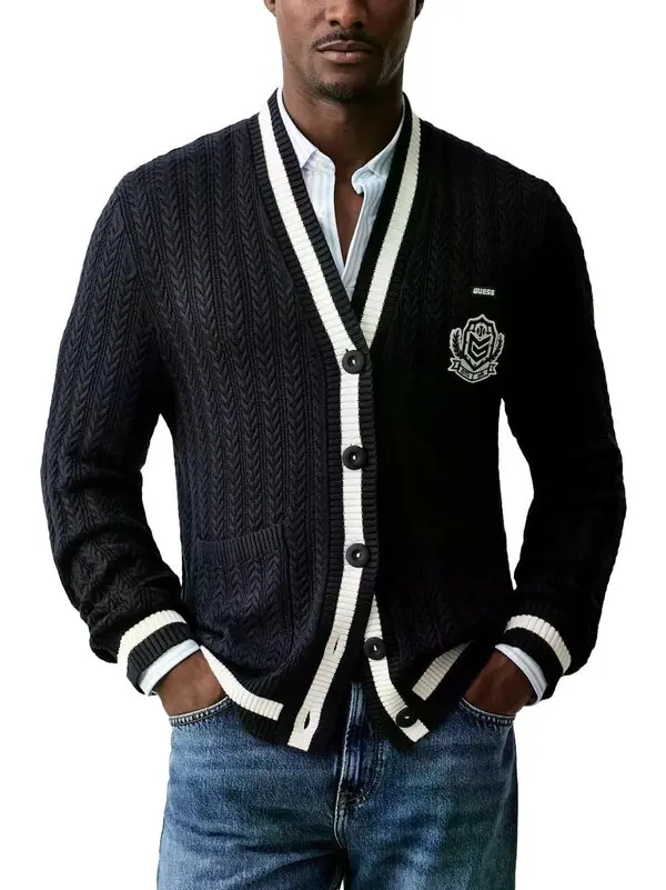 Guess Cable Knit Logo Patch V-neck Cardigan - Black