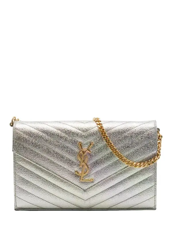 Saint Laurent 2016 Metallic Grain De Poudre Matelasse Chevron Monogram Chain Wallet Crossbody Bag - Gold