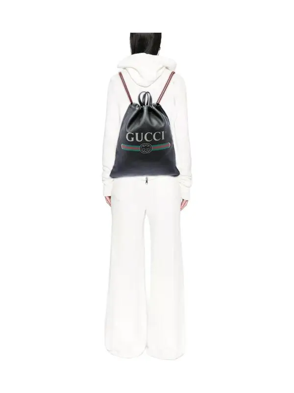 Gucci 2021-2026 Grained Calfskin Web Logo Drawstring Backpack - Black