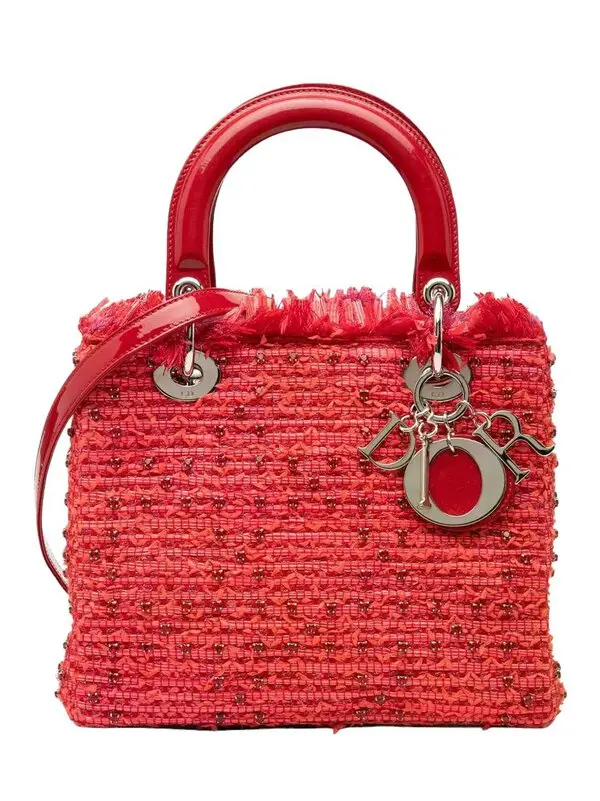 Dior Medium Tweed Fringe Rhinestone Lady Satchel - Red