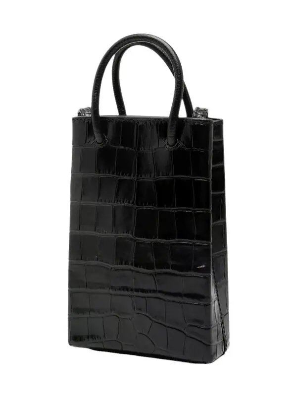 Balenciaga 2020 Mini Croc Embossed Leather Shopping Phone Holder Satchel - Black